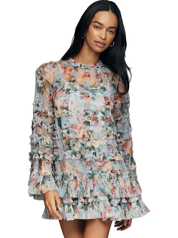 Mac Duggal Ruffle Bell-sleeve Mesh Mini Dress - Blue Floral
