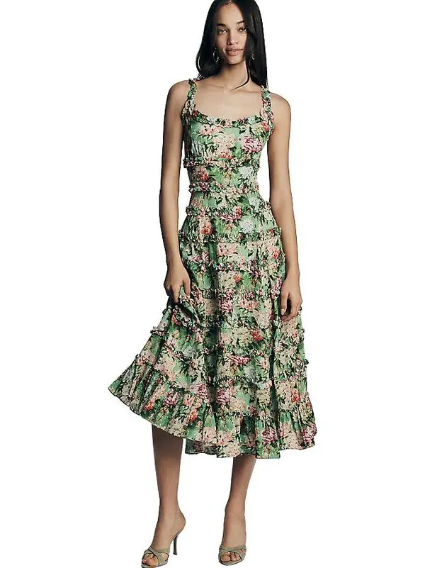 Mac Duggal Floral Square-neck Ruffle Midi Dress - Green Floral