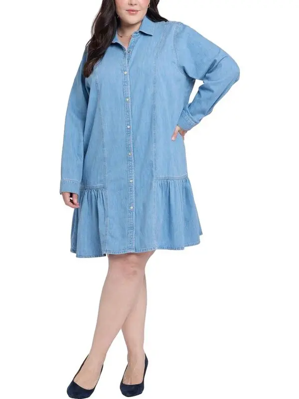 NYDJ Ruffle Hem Long Sleeve Denim Shirtdress - Faded Beam