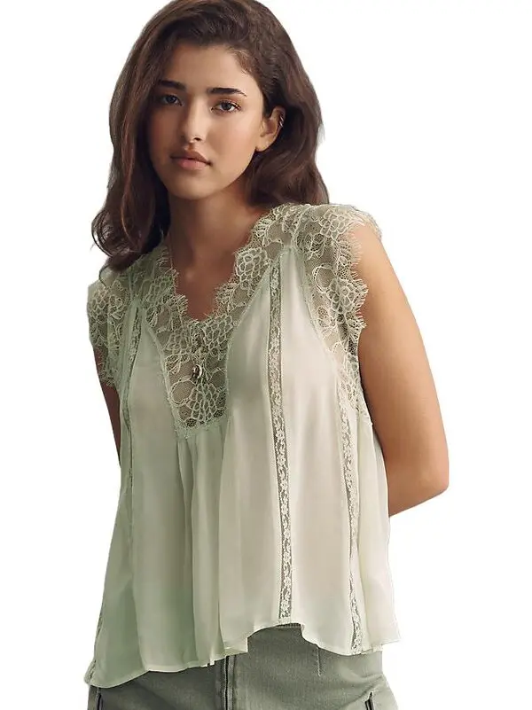 Anthropologie Sleeveless Lace Inset Blouse - Meadow Mist