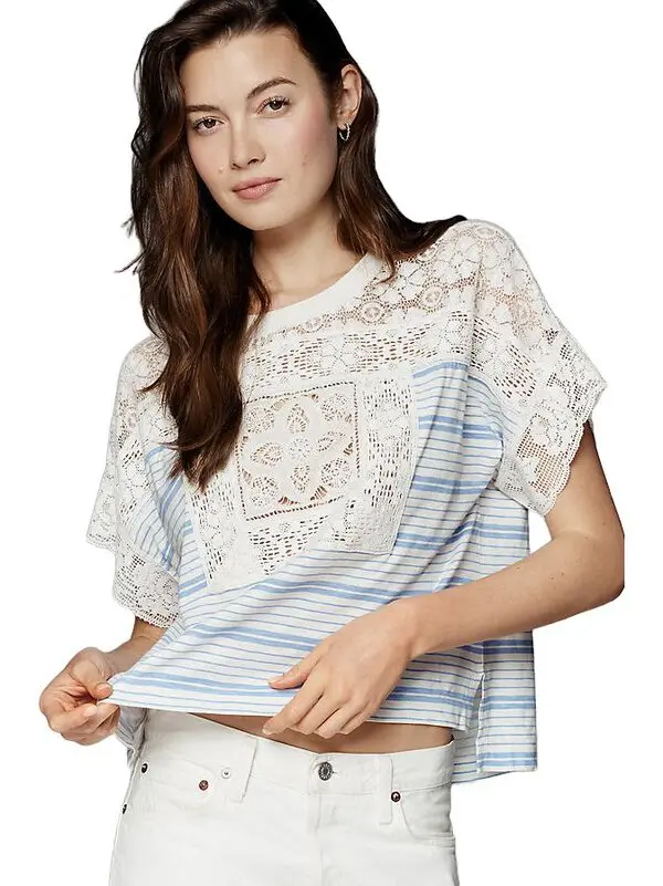 Anthropologie Cotton Lace Inset Boxy T-shirt - Blue Stripe