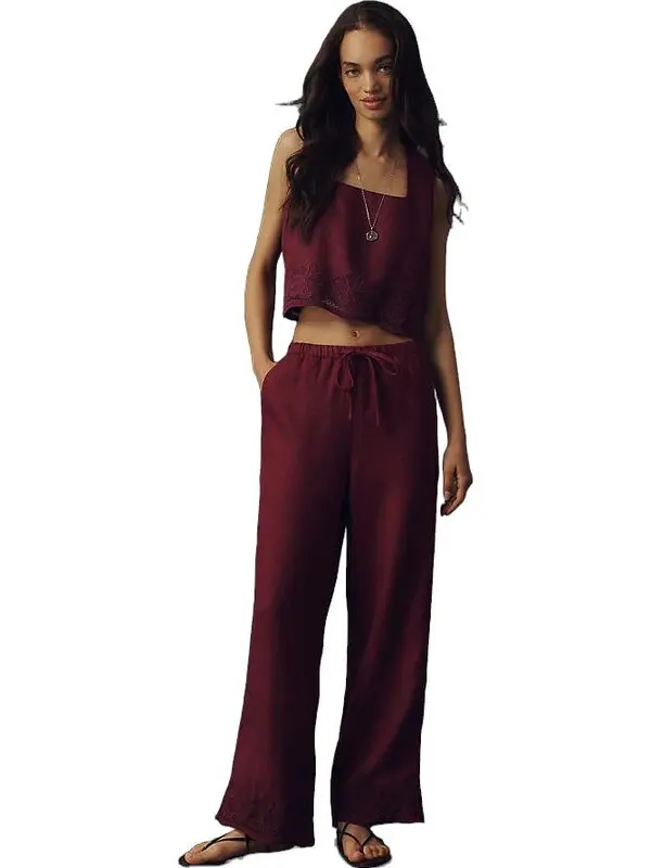 Rails Emmie Linen Drawstring Pants - Berry Hibiscus Embroidery