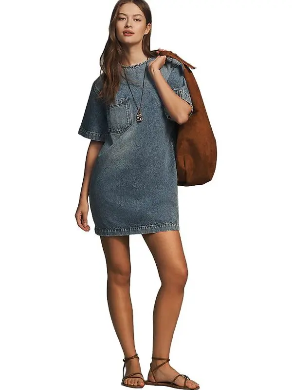 ANINE BING Tulah Denim Short-sleeve Dress - Washed Blue