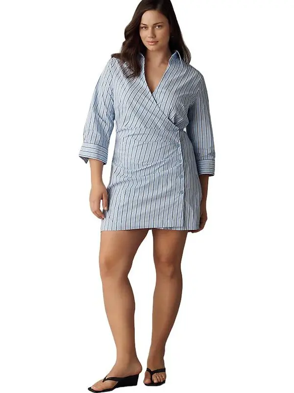 Maeve Stretch Poplin Wrap Mini Shirt Dress - Blue Stripe
