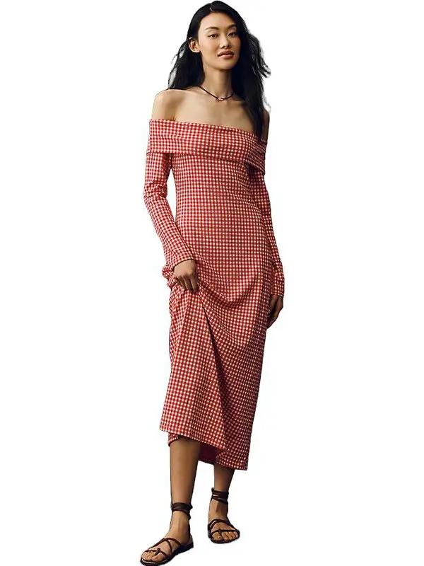 English Factory Off-shoulder Gingham Long-sleeve Midi Dress - Red Plaid