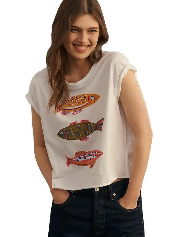 Maeve Cotton Fish Graphic Tee - Fish Print