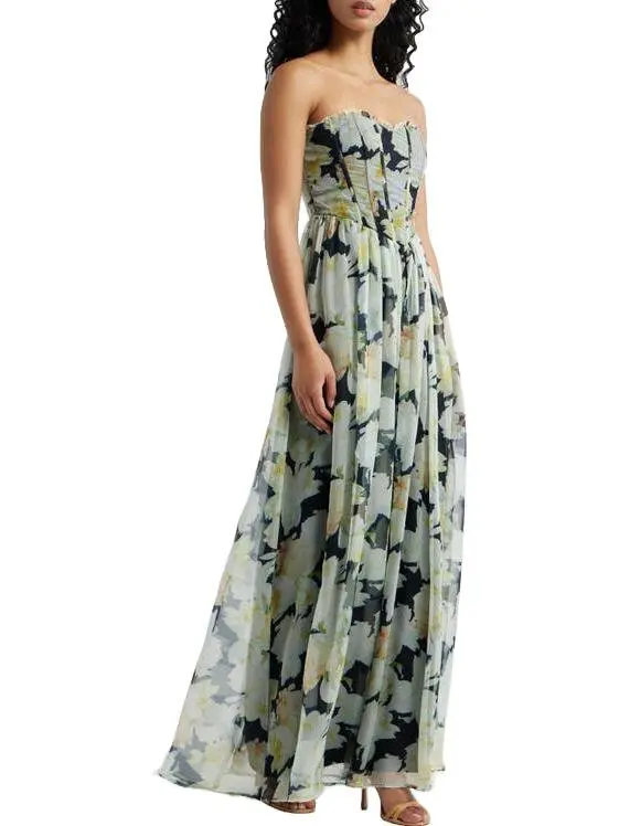 Lulus Floral Strapless Corset Maxi Dress - Black Floral