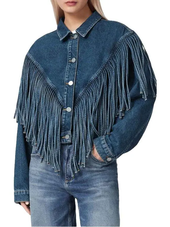 ALLSAINTS Marlene Fringe Trim Denim Jacket - Dark Indigo