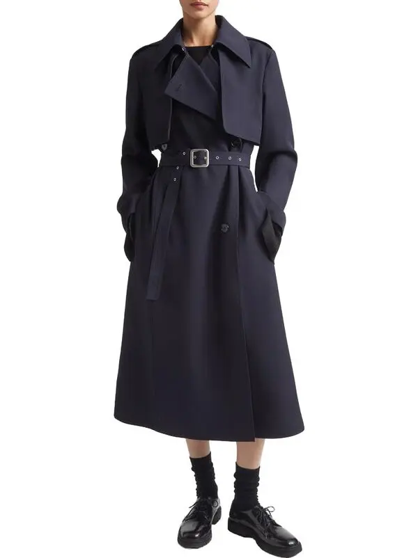JIL SANDER Belted Wool Trench Coat - Navy