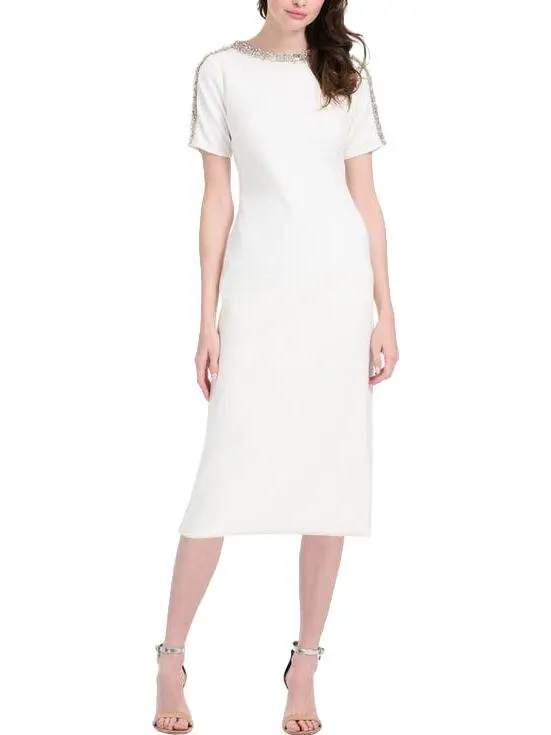 EMILY SHALANT Crystal Bead Detail Crepe Cocktail Midi Dress - Ivory