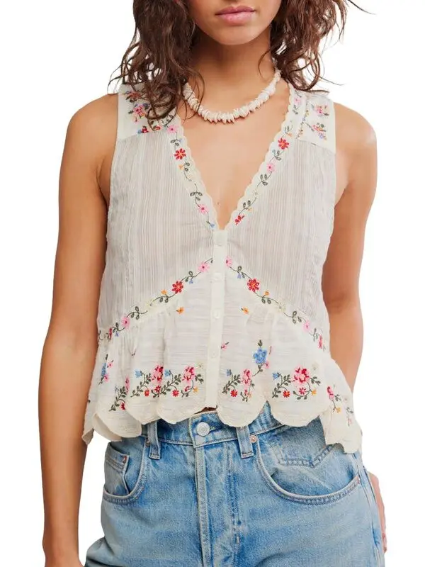 Free People Ellis Embroidered Button-up Top - Tea Combo