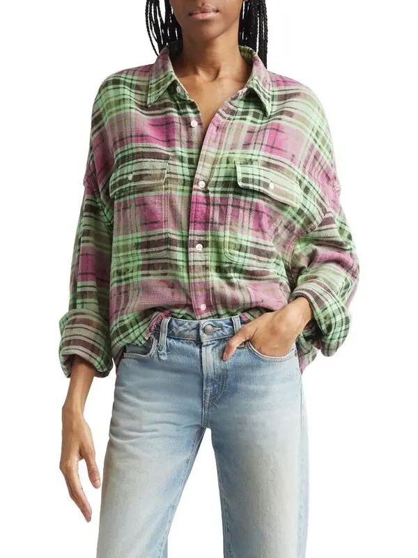 R13 Oversized Fray Hem Plaid Crop Shirt - Pink Overdyed Green Plaid