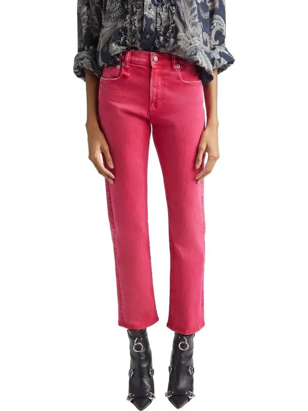 R13 Romeo Distressed Crop Slim Straight Leg Jeans - Fuchsia Stretch