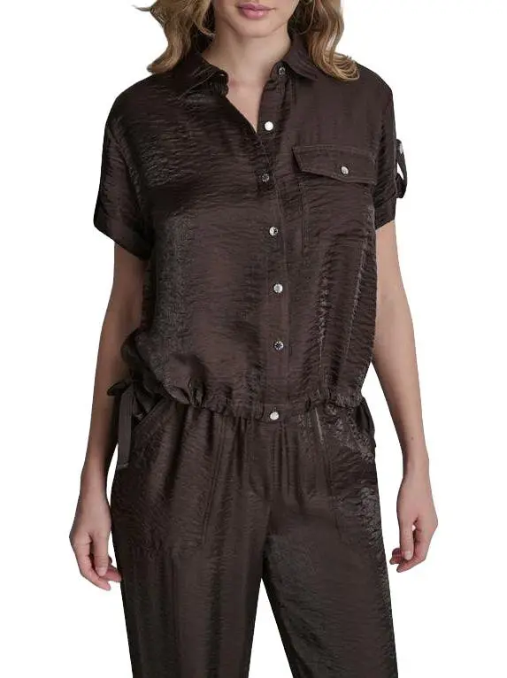Dkny Twinkle Crinkle Roll Tab Cuff Button-up Shirt - Tobacco
