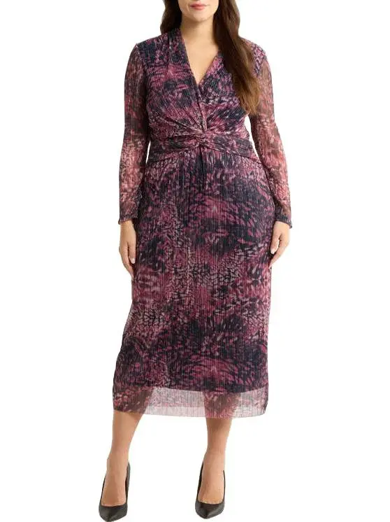 Anne Klein Long Sleeve Twist Front Micropleat Midi Dress - Lotus Pink Multi
