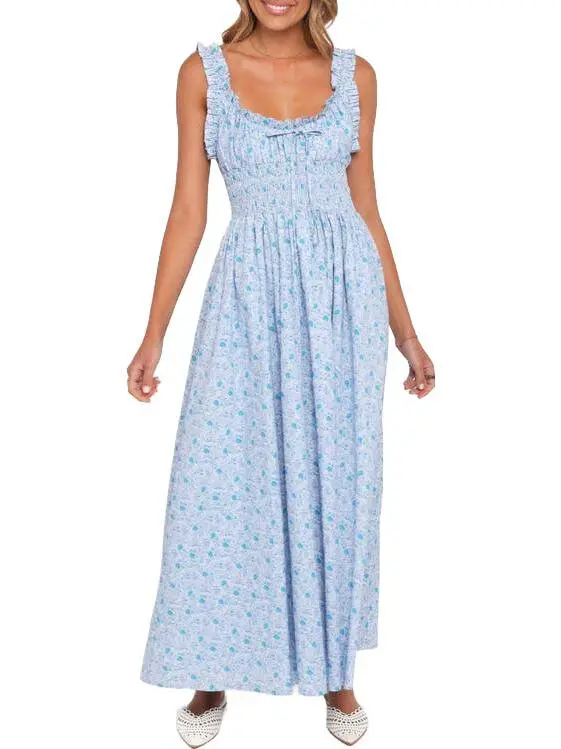 PETAL & PUP Marlena Ditsy Floral Smocked Midi Dress - Blue Floral