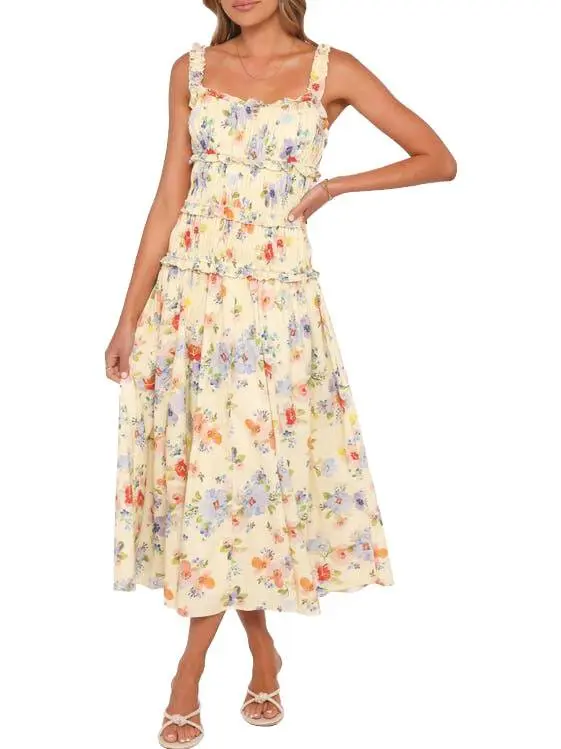 PETAL & PUP Enola Shirred Ruffle Trim Midi Dress - Yellow Floral