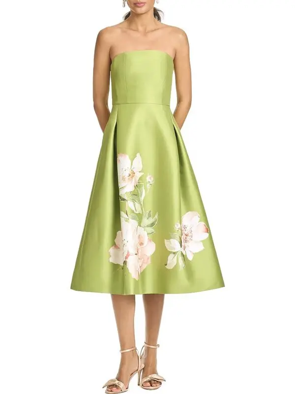 Sachin & Babi Floral Strapless Cocktail Midi Dress - Peridot Corsage