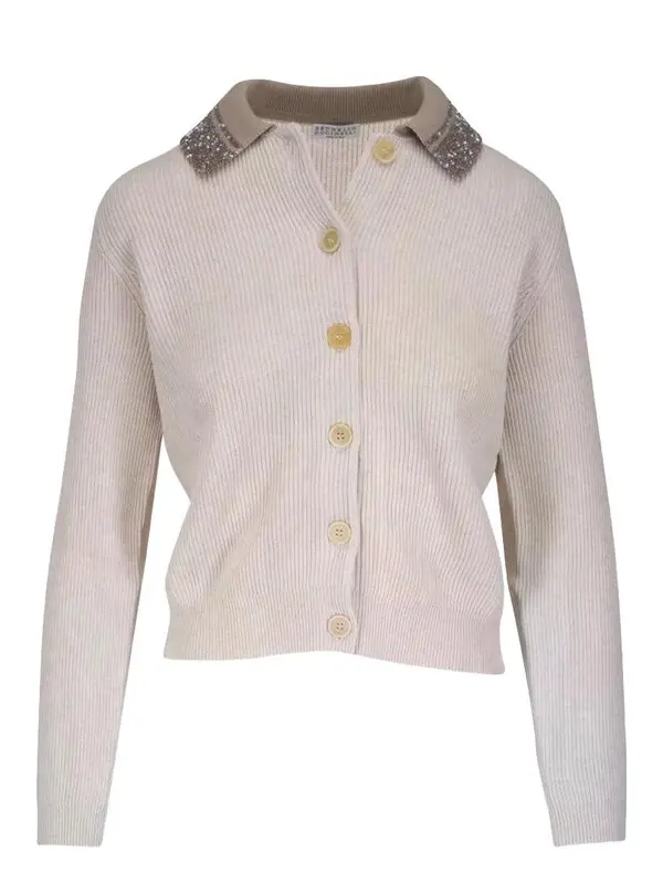 Brunello Cucinelli Embellished-collar Ribbed-knit Cardigan - Neutrals