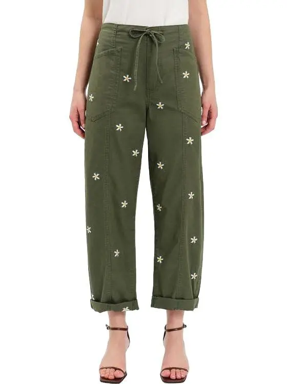 DAZE Embroidered Cuffed Drawstring Pants - Bronze Green Daisy