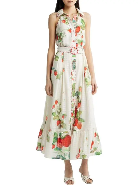 CIEBON Katerina Strawberry Print Sleeveless Shirtdress - Off White Multi