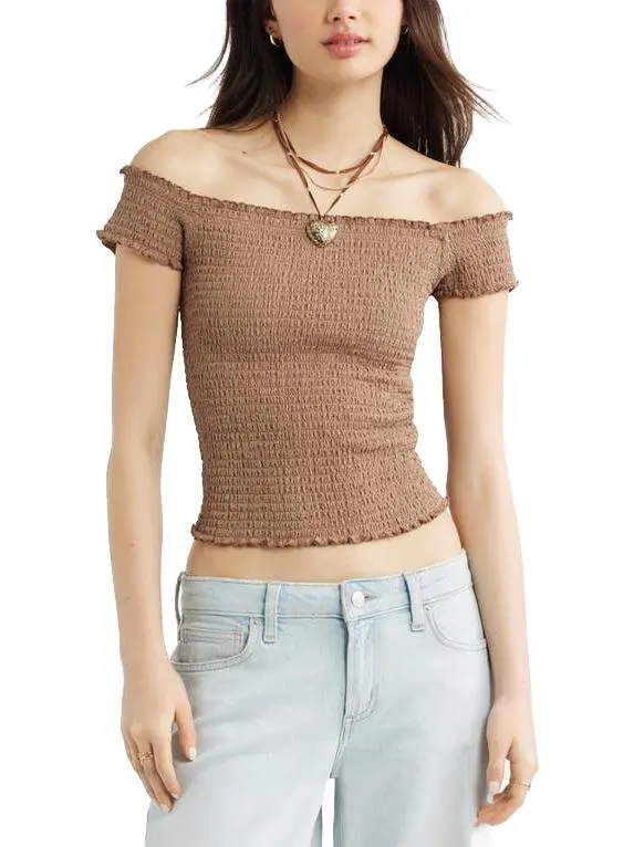 Bp. Off-the-shoulder Smocked Top - Brown Fresco