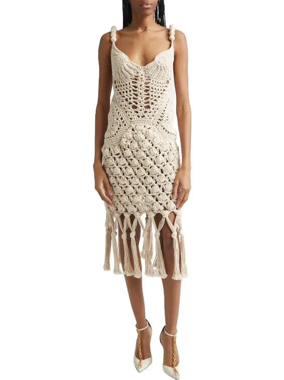 Balmain Fringe Cotton Crochet Dress - Natural