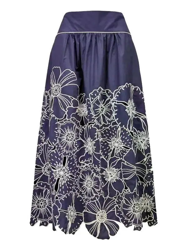 Farm Rio Flower-embroidered Maxi Skirt - Blue