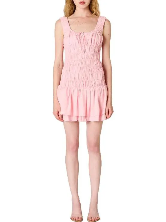 NIA Lirio Smock Bodice Linen Blend Minidress - Blush
