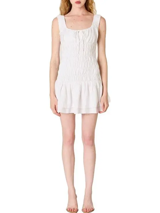 NIA Lirio Smock Bodice Linen Blend Minidress - White