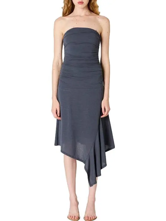 NIA Sabela Ruched Strapless Asymmetric Midi Dress - Indigo
