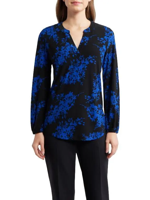 Anne Klein Floral Print Split-neck Top - Anne Black/empire Blue