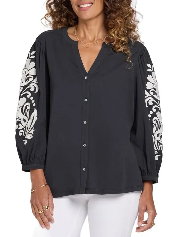 NYDJ Embroidered Balloon Sleeve Cotton Button-up Shirt - Black/ivory Combo