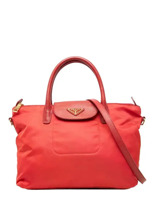 Prada Saffiano Trimmed Tessuto Satchel - Orange