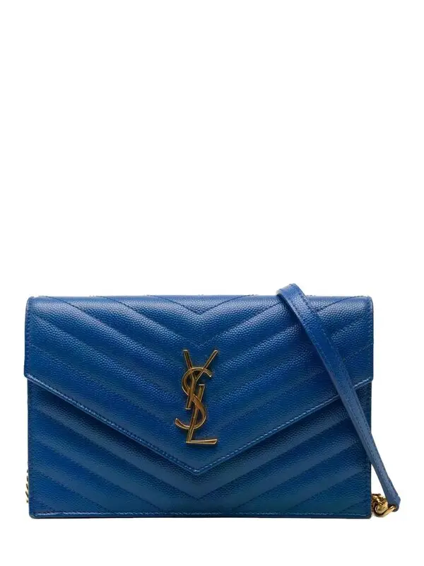 Saint Laurent 2015 Grain De Poudre Chevron Monogram Envelope Chain Wallet - Blue