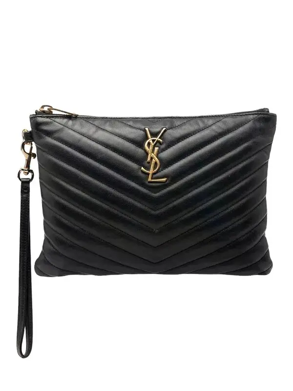 Saint Laurent Chevron Leather Monogram Wristlet Pouch - Black