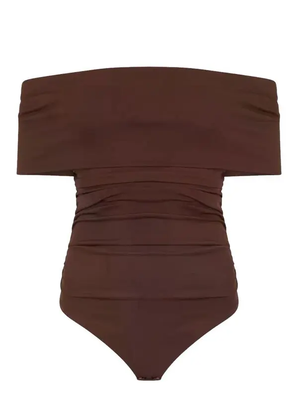 DES_PHEMMES Ruched Off-the-shoulder Bodysuit - Brown
