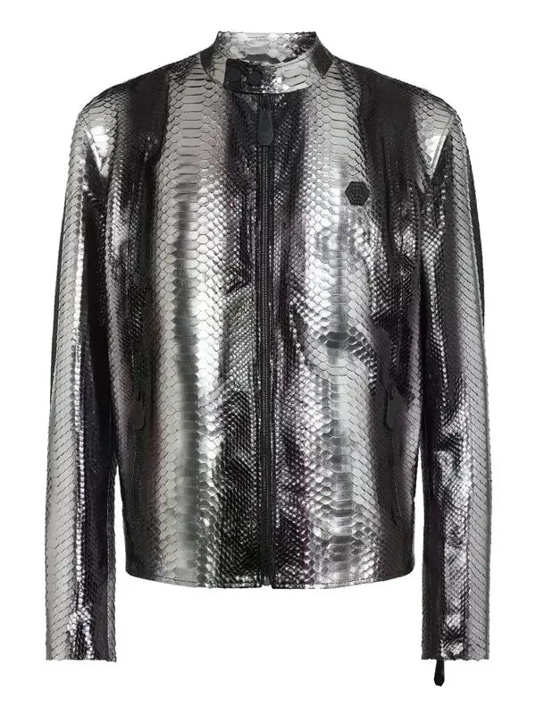 Philipp Plein Python Leather Biker Jacket - Silver