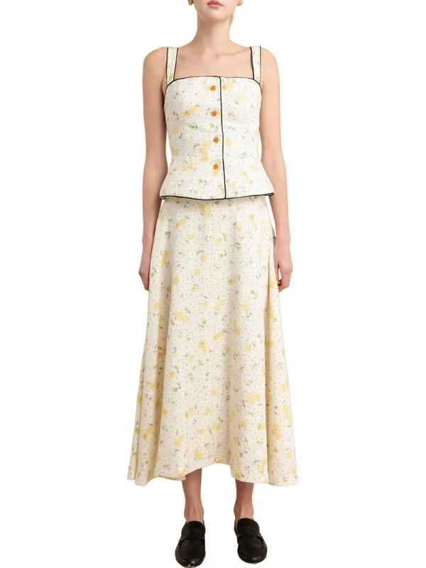 Tess Lorenz Floral Print Linen Midi Skirt - White With Yellow Flower