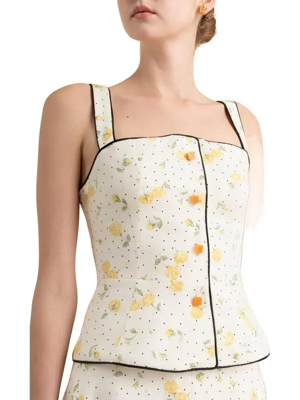 Tess Lorenz Peplum Top In Linen - White With Yellow Flower