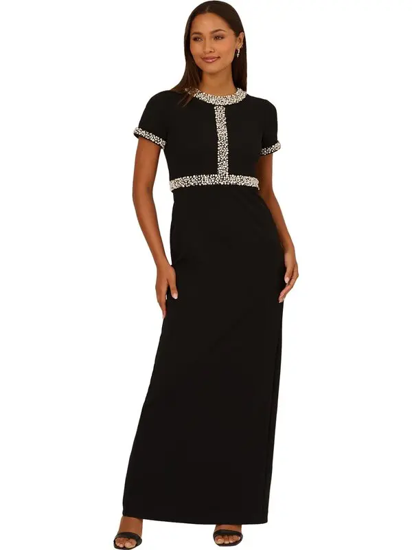 Adrianna Papell Short Sleeve Beaded Gown - Black/ivory
