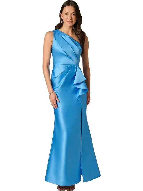 Adrianna Papell One-shoulder Draped Mikado Gown - Cool Cloud