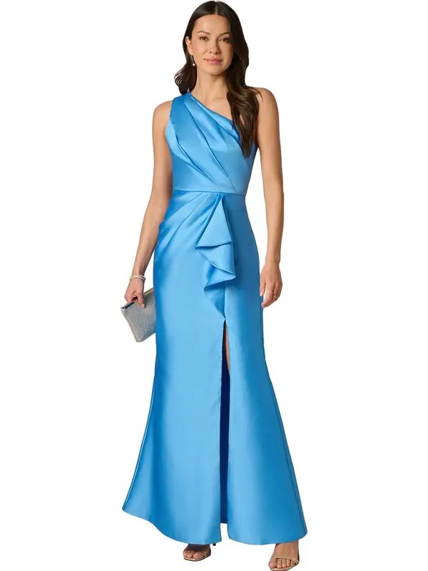 Adrianna Papell One-shoulder Draped Mikado Gown - Cool Cloud