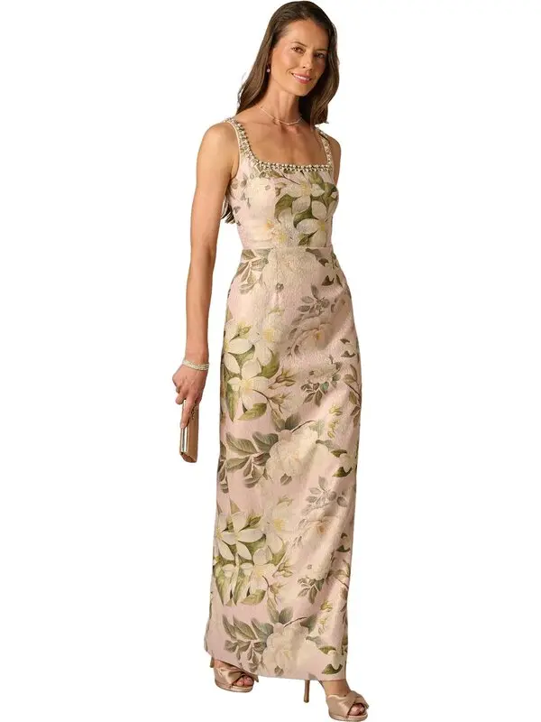 Adrianna Papell Beaded Floral Jacquard Gown - Blush Multi