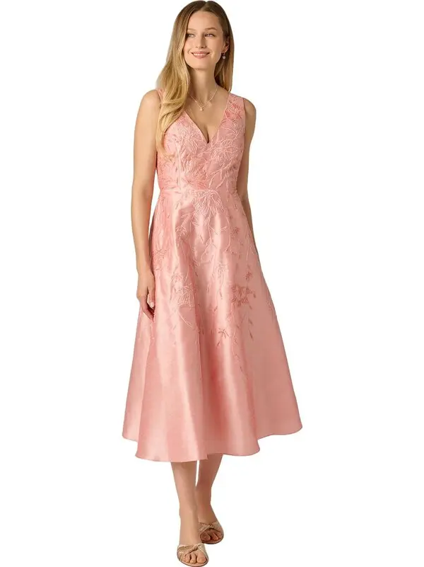 Adrianna Papell Floral Embroidered Dupioni A-line Midi Dress - Light Pink