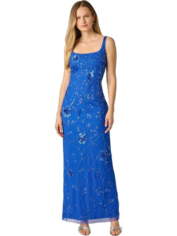 Adrianna Papell Floral Beaded Column Gown - Brilliant Sapphire
