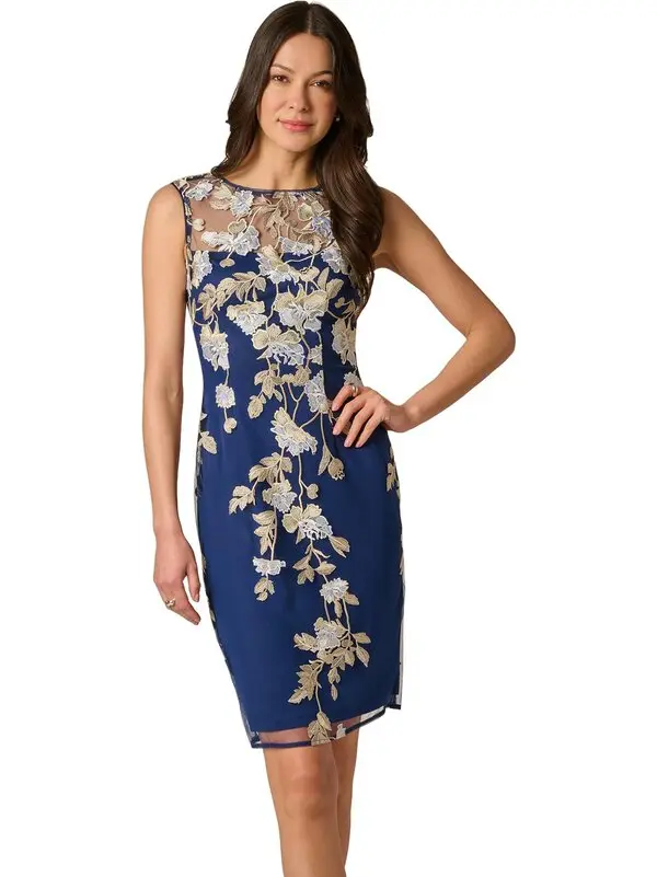 Adrianna Papell Sleeveless Illusion Floral Embroidery Sheath Dress - Navy/ecru