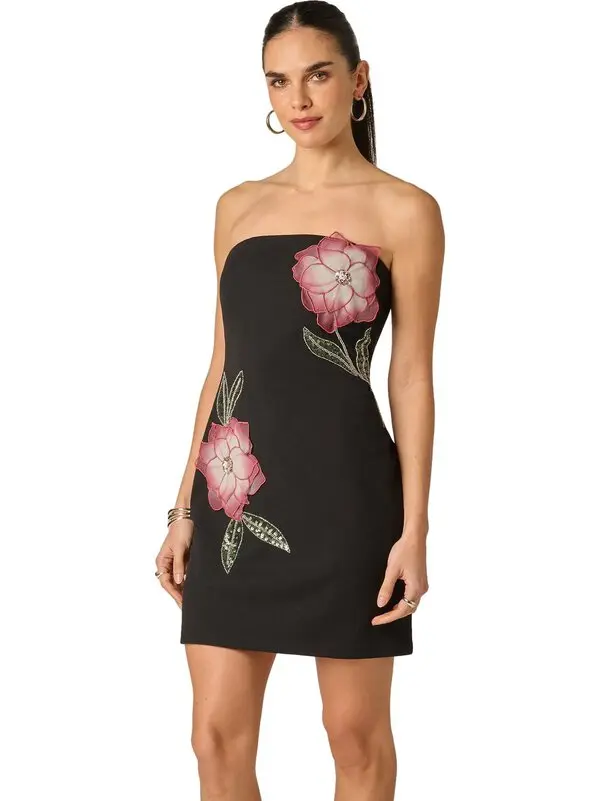 Adrianna Papell Strapless Floral Applique Mini Dress - Black Multi