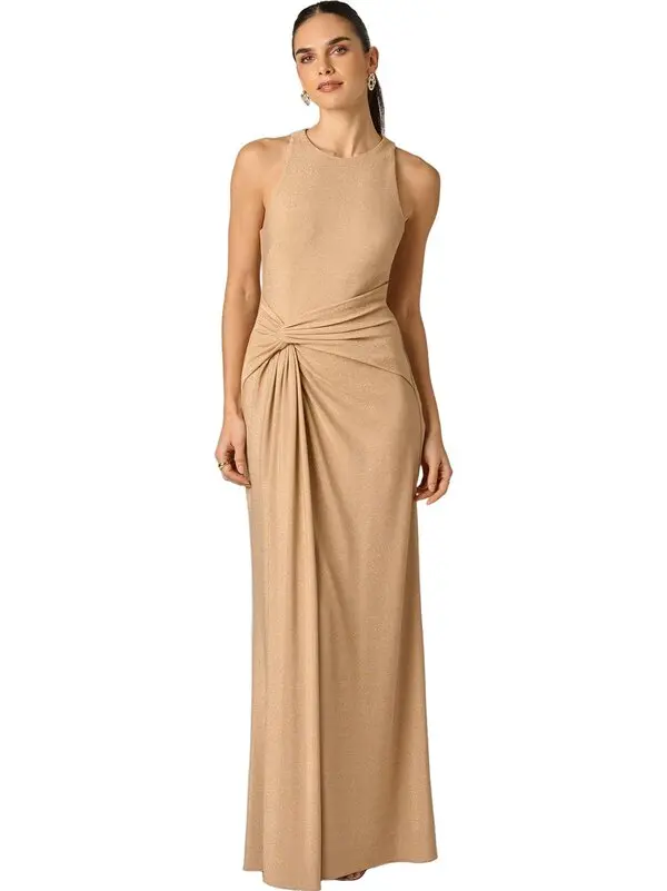 Adrianna Papell Metallic Stretch Knit Draped Gown - Light Gold