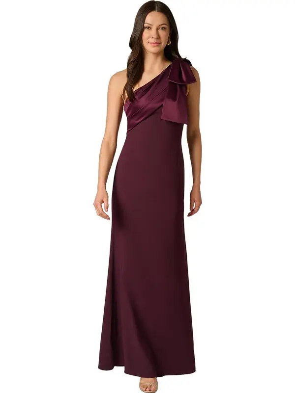 Adrianna Papell One-shoulder Satin Bow Crepe Gown - Bordeaux Glow